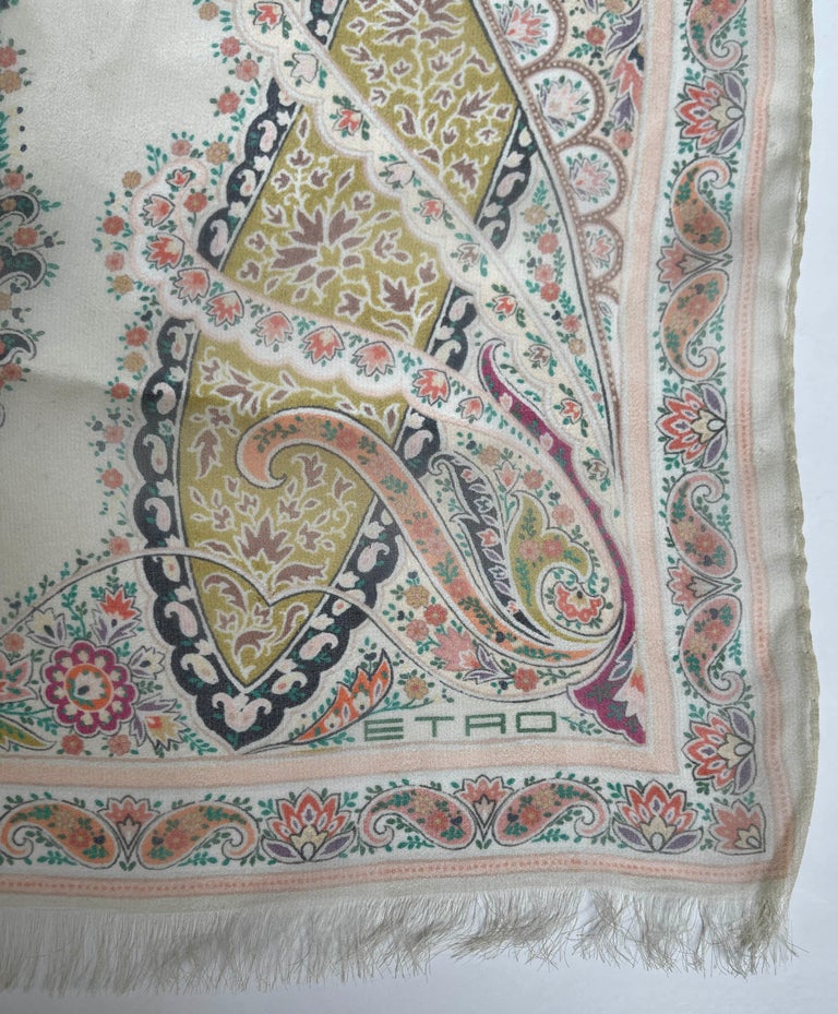 Etro Beige Paisley Printed 66" Sheer Silk Scarf w/ Fringed edge For ...