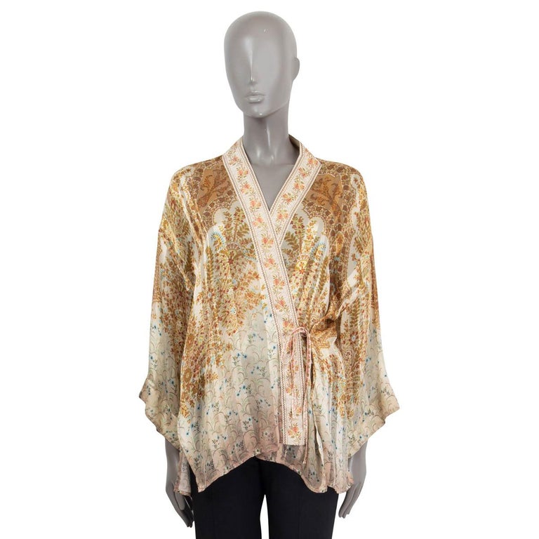 ETRO beige silk FLORAL KIMONO WRAP Blouse Shirt 42 M For Sale at 1stDibs