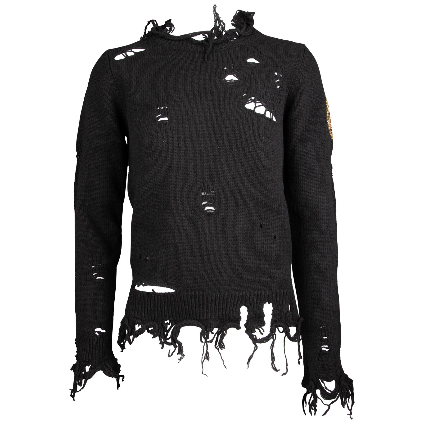 Etro Black Distressed Slim Fit Wool Sweater / Jumper with Logo Patch ...