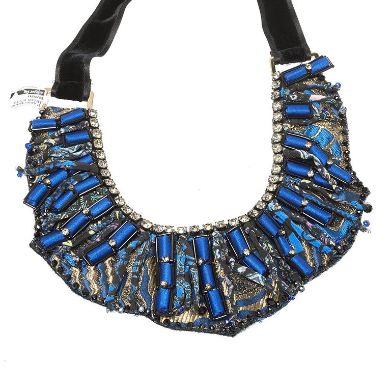 Etro Blue Silk Brocade Crystal and Bead Statement Necklace at 1stDibs