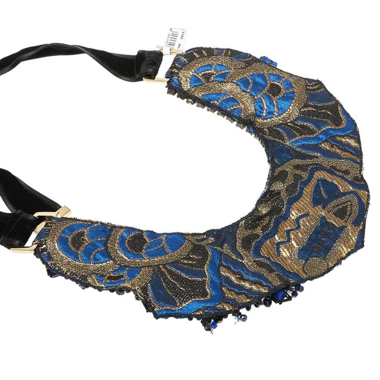 Etro Blue Silk Brocade Crystal and Bead Statement Necklace at 1stDibs