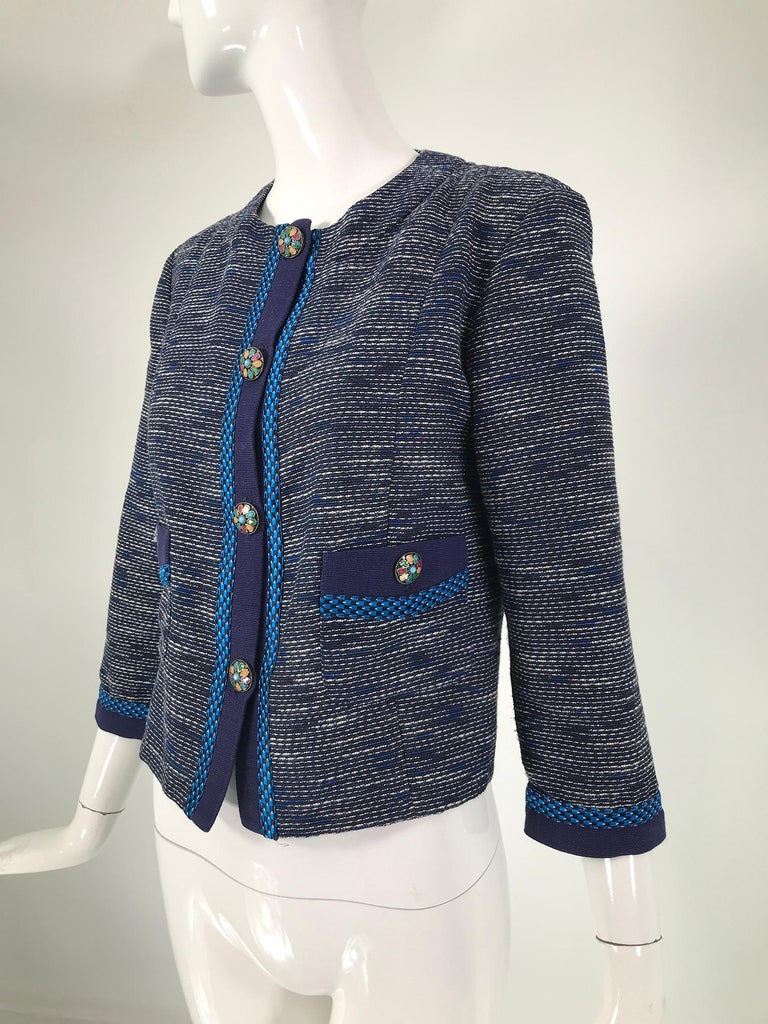 Etro Blue and White Cotton Blend Cropped Tweed Jacket with Enamel ...