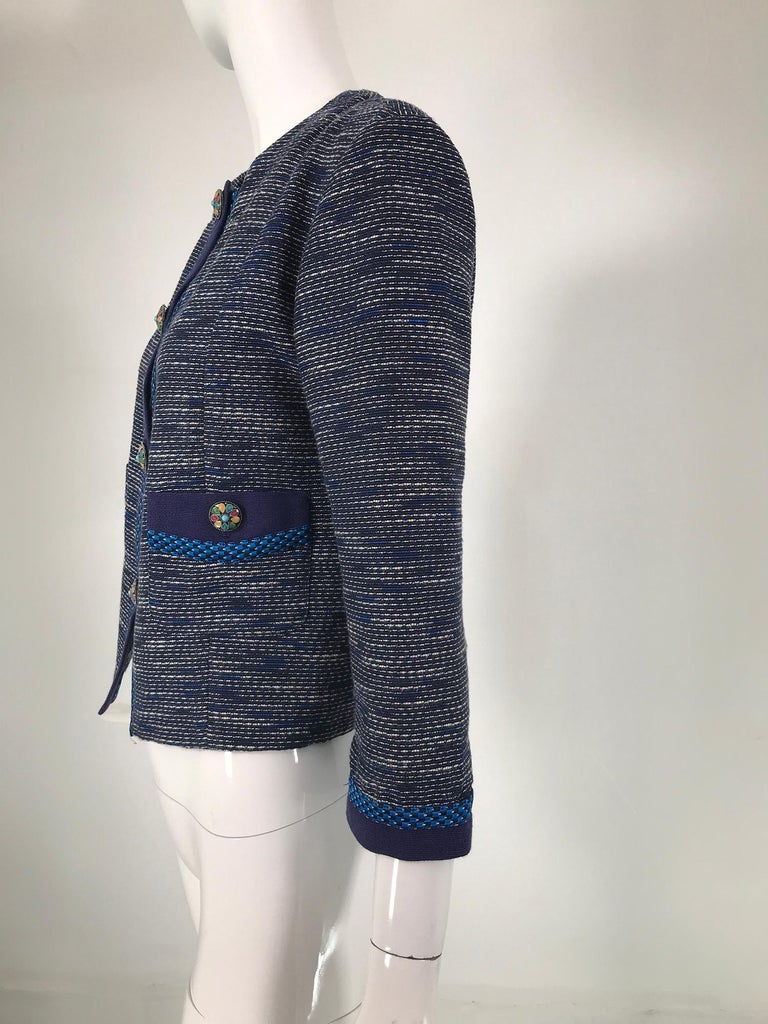 Etro Blue and White Cotton Blend Cropped Tweed Jacket with Enamel ...