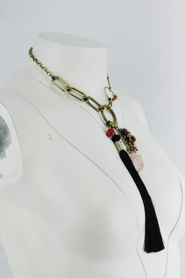 Etro Brass Tone Tasseled Multi Stone Chain Necklace For Sale at 1stDibs