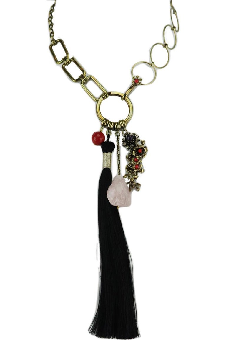 Etro Brass Tone Tasseled Multi Stone Chain Necklace For Sale at 1stDibs