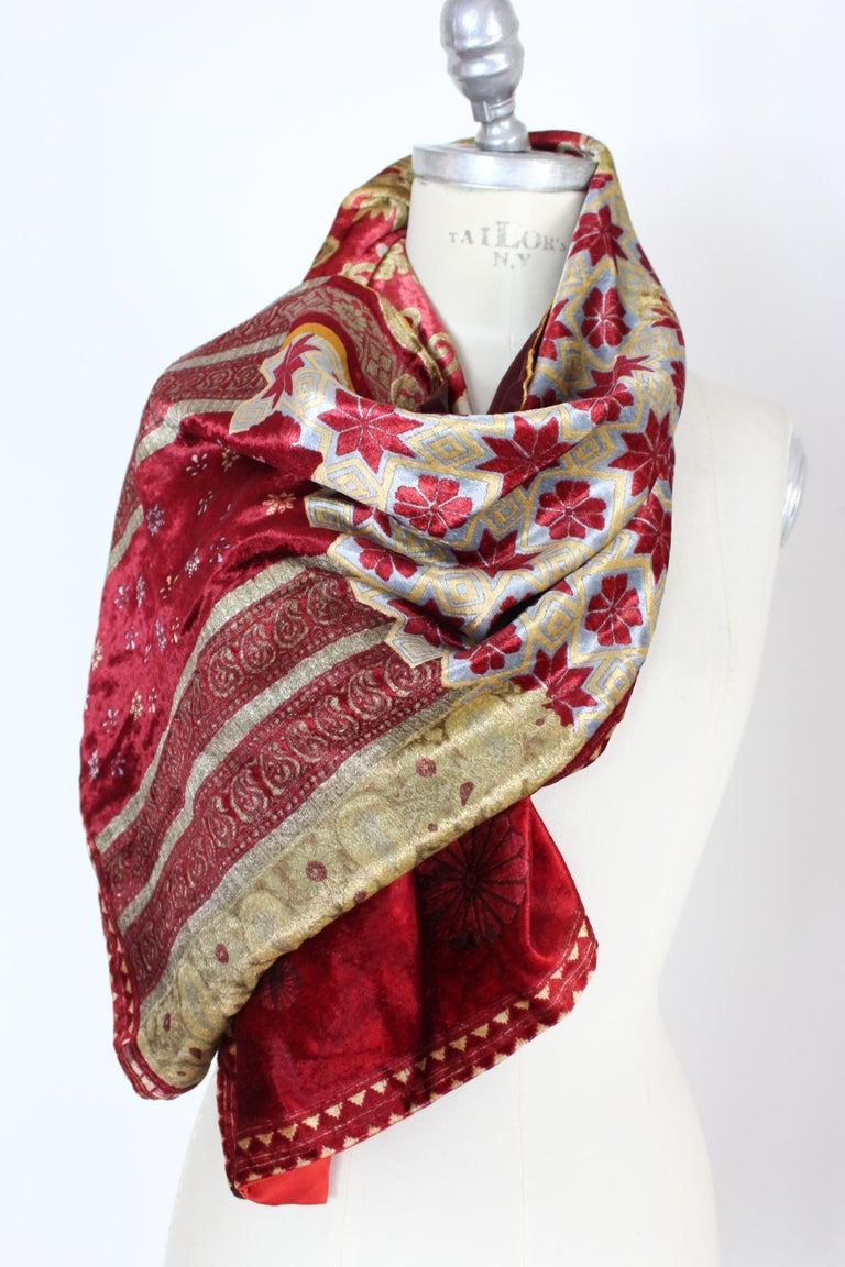 Etro Burgundy Beige Silk Large Floral Scarf 1990s at 1stDibs