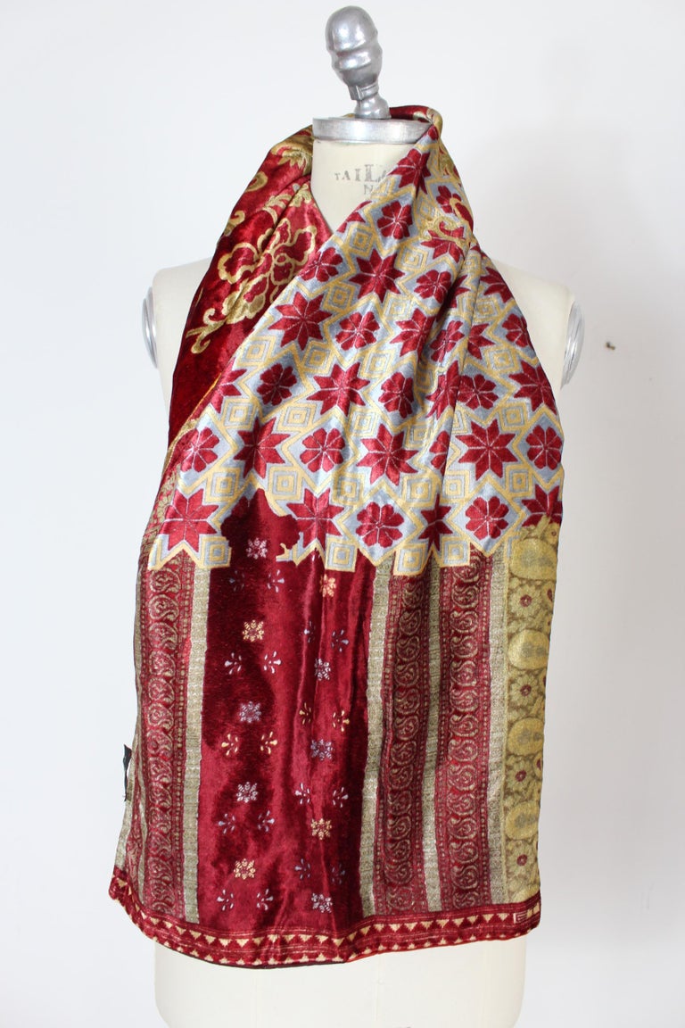 Etro Burgundy Beige Silk Large Floral Scarf 1990s at 1stDibs