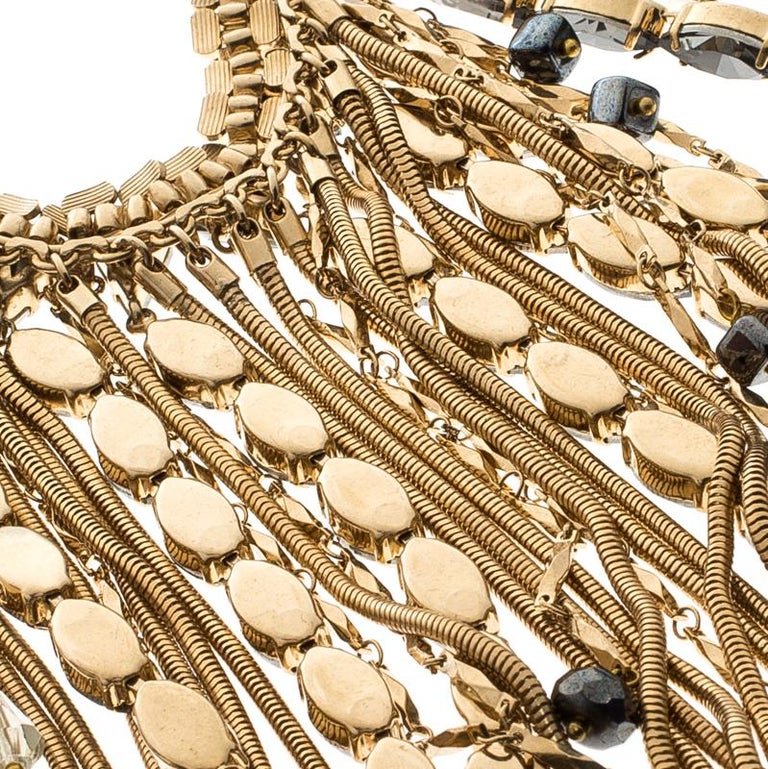 Etro Crystal Studded Gold Tone Tassel Drop Statement Necklace For Sale ...