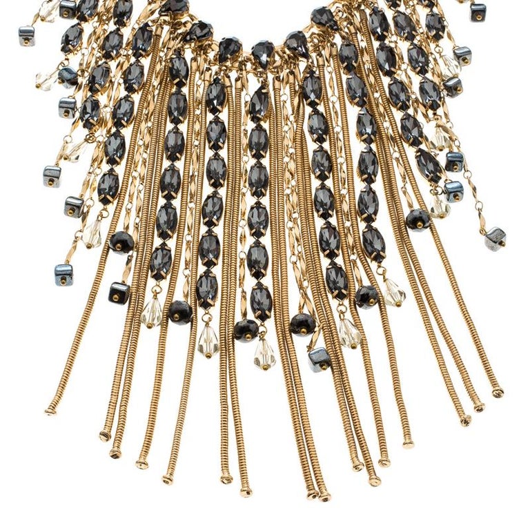 Etro Crystal Studded Gold Tone Tassel Drop Statement Necklace For Sale ...