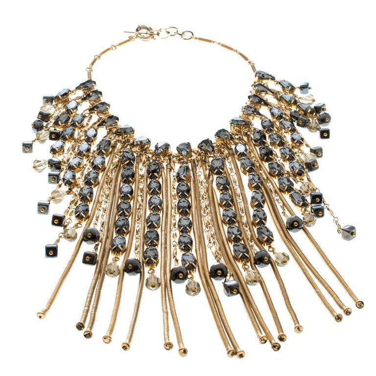 Etro Crystal Studded Gold Tone Tassel Drop Statement Necklace For Sale ...