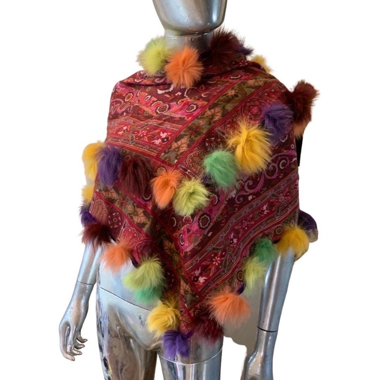 Etro Italy Signature Paisley Print in Wool/Silk w/ Multi Color Fox Fur ...