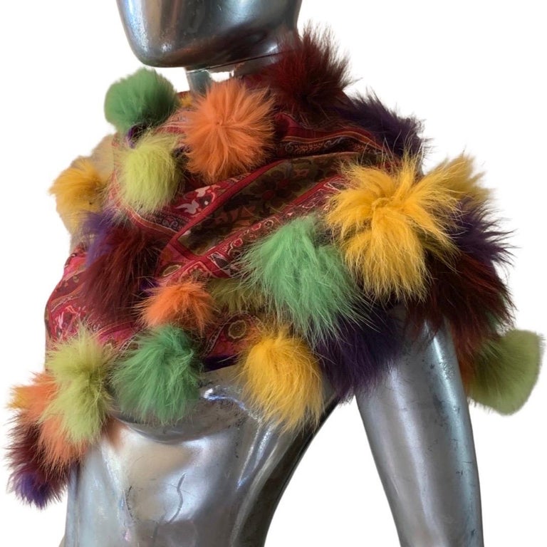 Etro Italy Signature Paisley Print in Wool/Silk w/ Multi Color Fox Fur ...