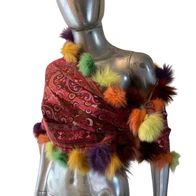 Etro Italy Signature Paisley Print in Wool/Silk w/ Multi Color Fox Fur ...