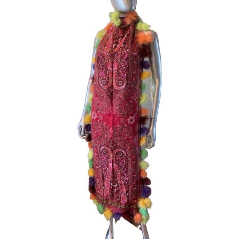 Etro Italy Signature Paisley Print in Wool/Silk w/ Multi Color Fox Fur ...