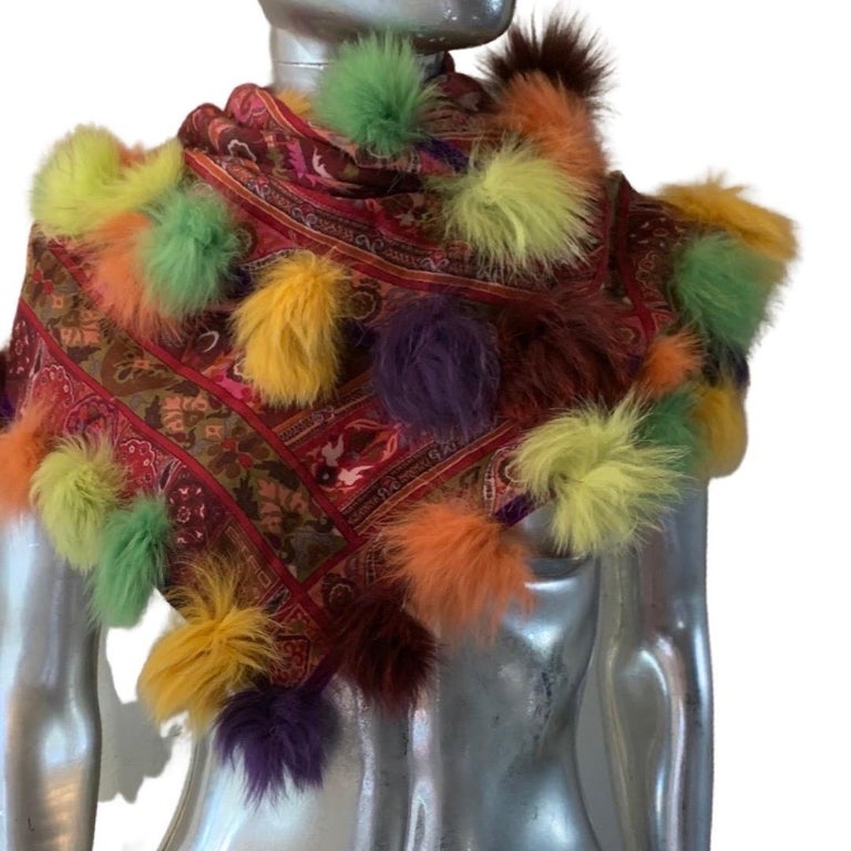 Etro Italy Signature Paisley Print in Wool/Silk w/ Multi Color Fox Fur ...