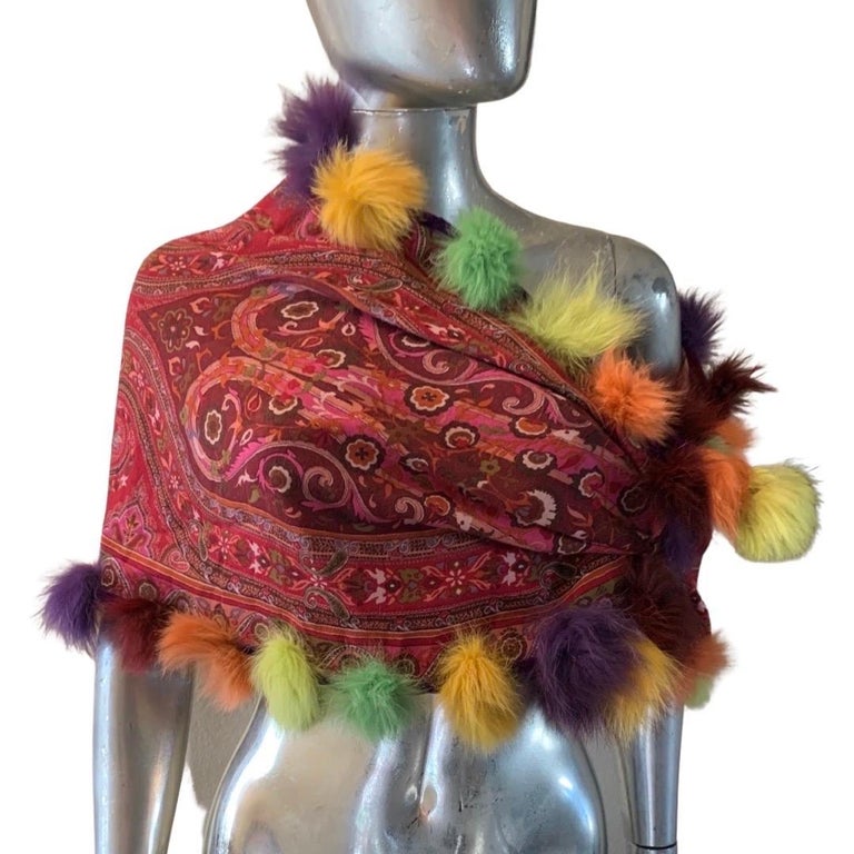 Etro Italy Signature Paisley Print in Wool/Silk w/ Multi Color Fox Fur ...