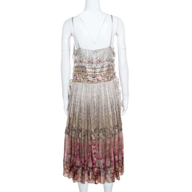 Etro Ivory Rose Floral Printed Silk Sequin Embellished Striated Ombré ...