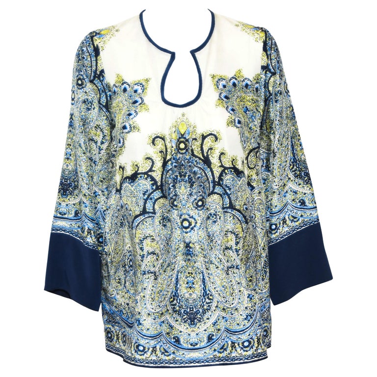 Etro Long Sleeve Paisley Print White and Blue Top at 1stDibs