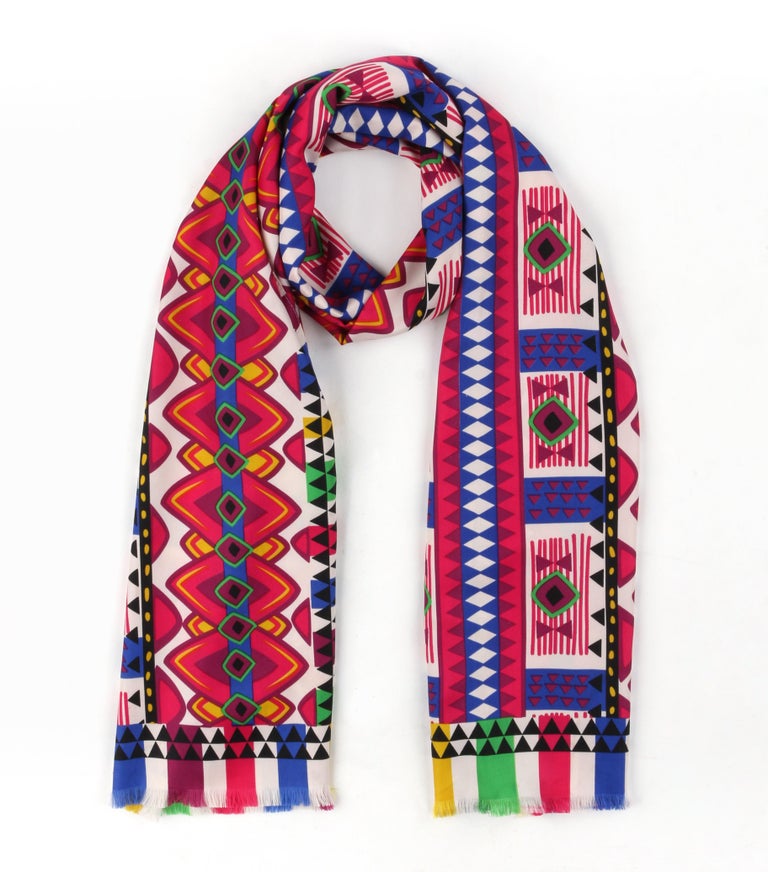 ETRO Multicolor Geometric Tribal Print Silk Fringe Oblong Scarf For ...