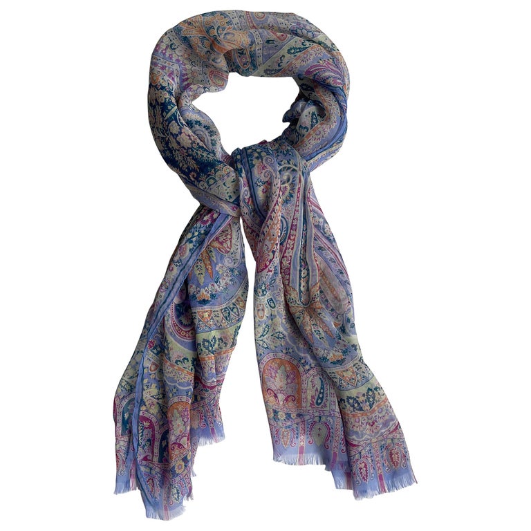 Etro Periwinkle Blue Paisley Printed 66" Sheer Silk Delhy Scarf w ...