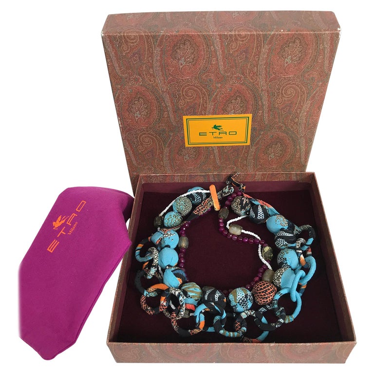 Etro Printed Silk Necklace with Balls and Loops with Glass Beads in Box ...