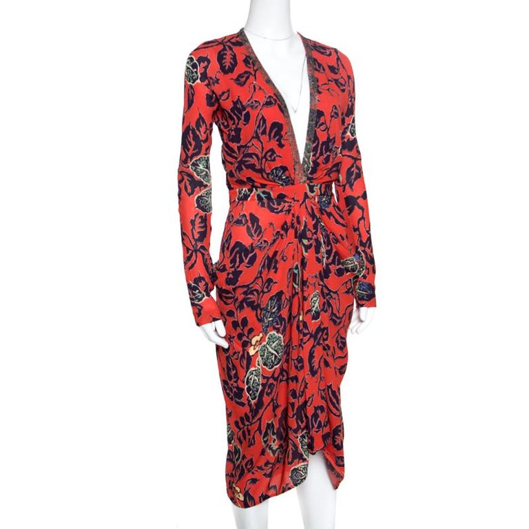 Etro Red Floral Print Embellished Plunge Neck Detail Draped Midi Dress ...