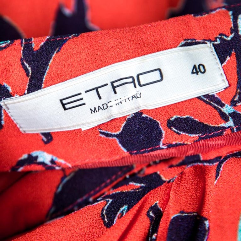 Etro Red Floral Print Embellished Plunge Neck Detail Draped Midi Dress ...