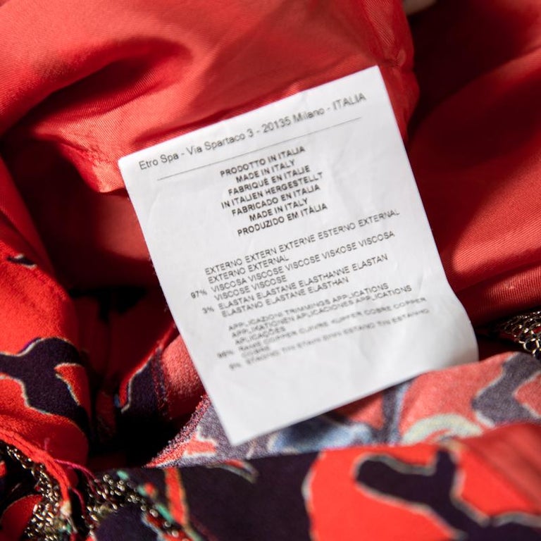 Etro Red Floral Print Embellished Plunge Neck Detail Draped Midi Dress ...