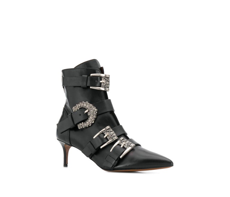 Etro Runway Embellished Side Buckle Black Leather Ankle Boots Size 37 ...