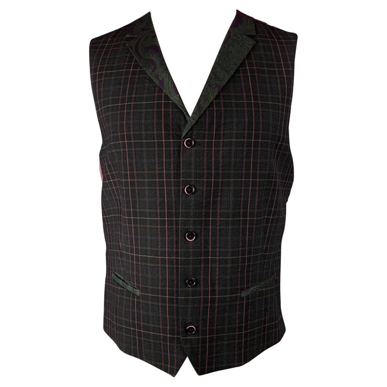 ETRO Size 44 Black and Burgundy Plaid Wool Buttoned Vest For Sale at ...