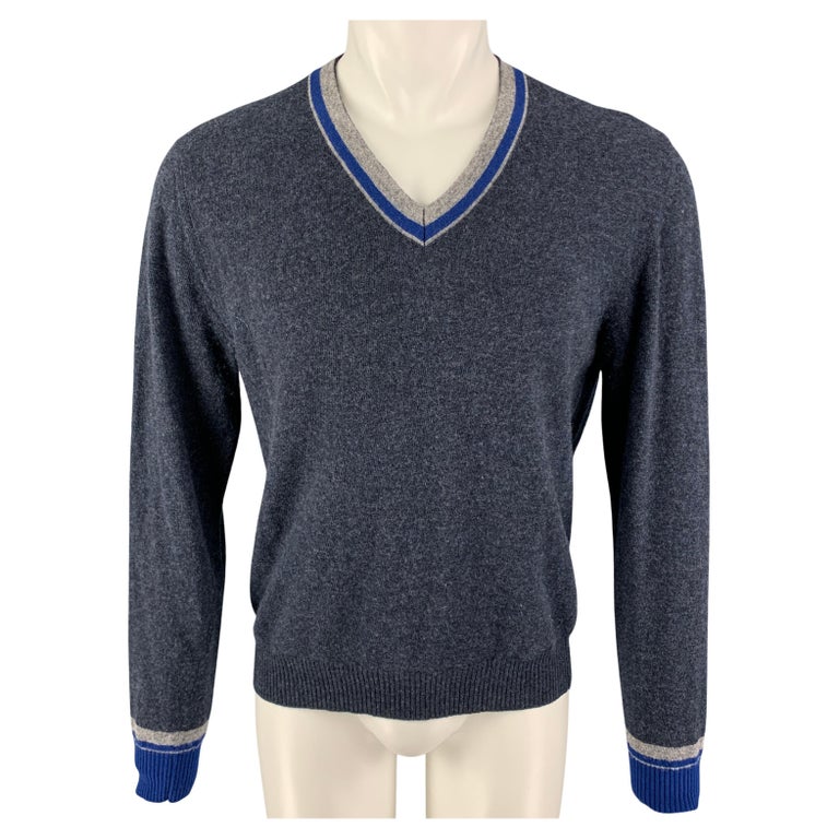 ETRO Size M Blue Gray Heather Wool V-Neck Pullover For Sale at 1stDibs