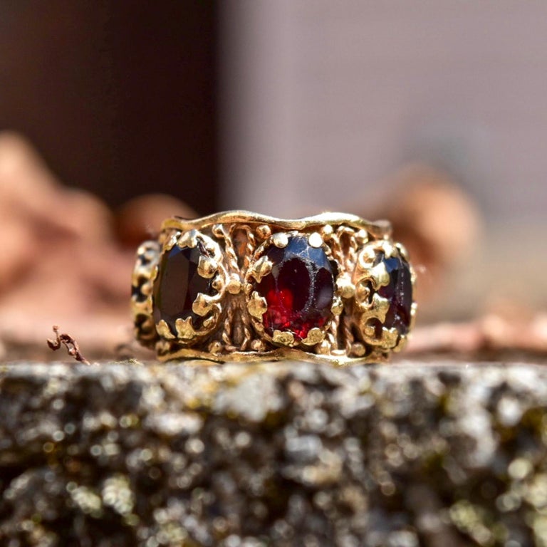 Etruscan-Style 14K Garnet Eternity Ring For Sale at 1stDibs
