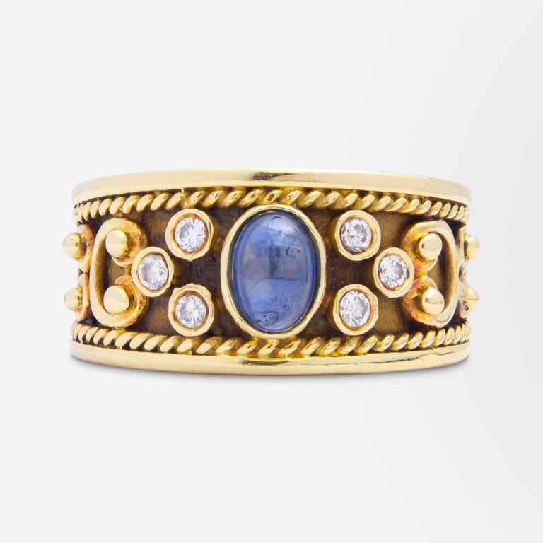Etruscan Style 18 Karat Gold, Sapphire and Diamond Ring For Sale at 1stDibs