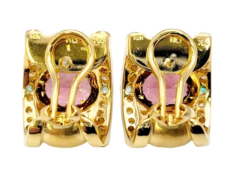 Etruscan Style Omega Back Earrings with Diamonds and Pink and Green ...