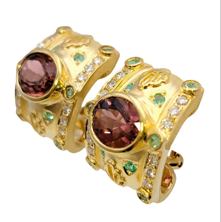 Etruscan Style Omega Back Earrings with Diamonds and Pink and Green ...