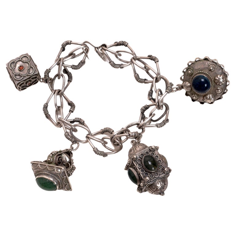 Antique Etruscan Style Silver Bracelet, 4 Charms Mounted with Assorted ...