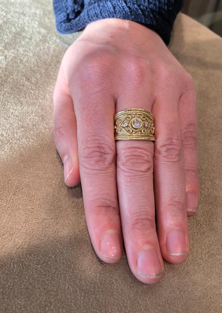Etruscan Wide Yellow Gold Band Ring with Diamonds and Spirals at ...