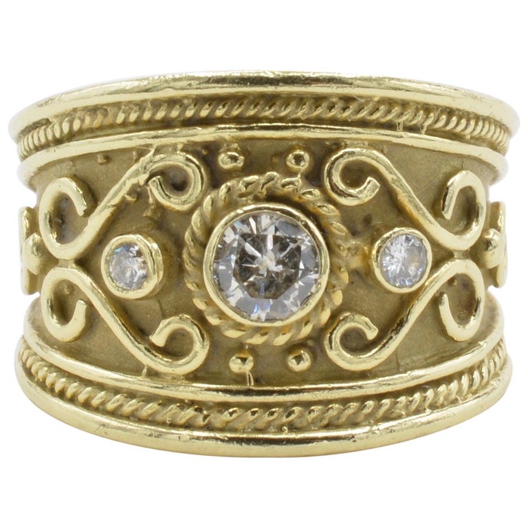 Etruscan Wide Yellow Gold Band Ring with Diamonds and Spirals at ...