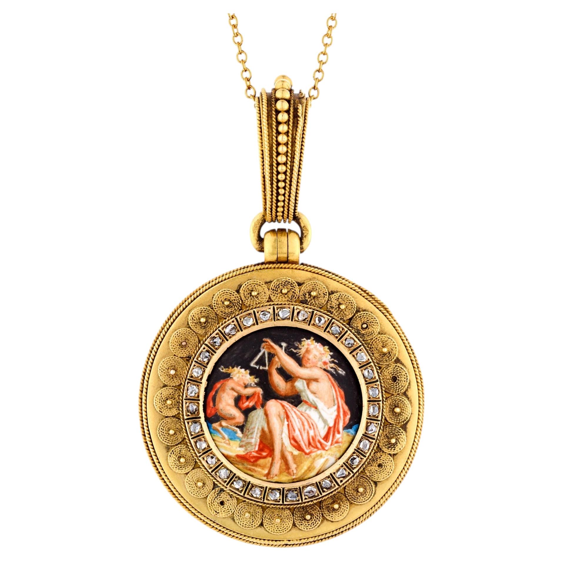 18k Gold Pietra Dura Style Putti Gemini Pendant Rope Chain Necklace For ...