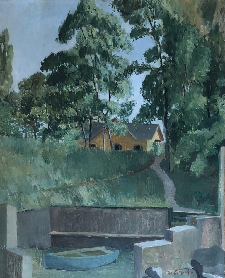 Eugène Louis Martin - Small path and blue boat For Sale at 1stDibs