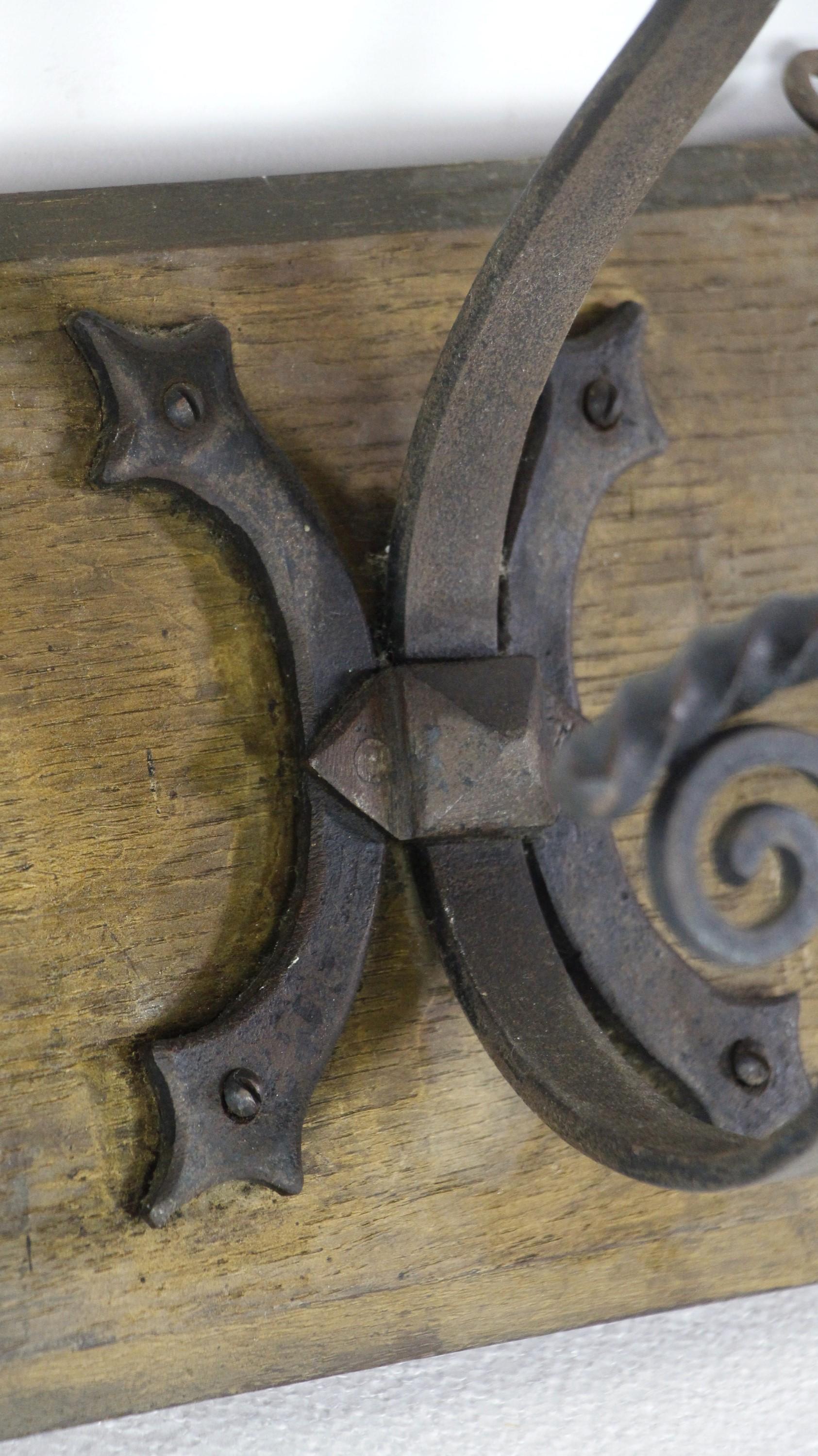 European 3 Wrought Iron Hooks Wood Mount Wall Rack For Sale at 1stDibs