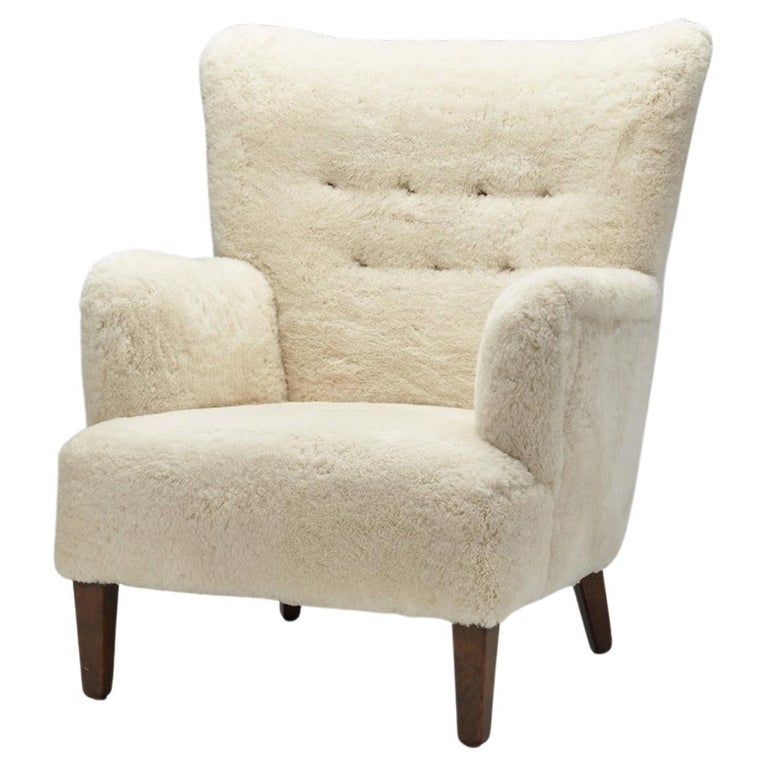 European Cabinetmaker Lounge Chair in Faux Sheepskin, Europe ca 1950s ...