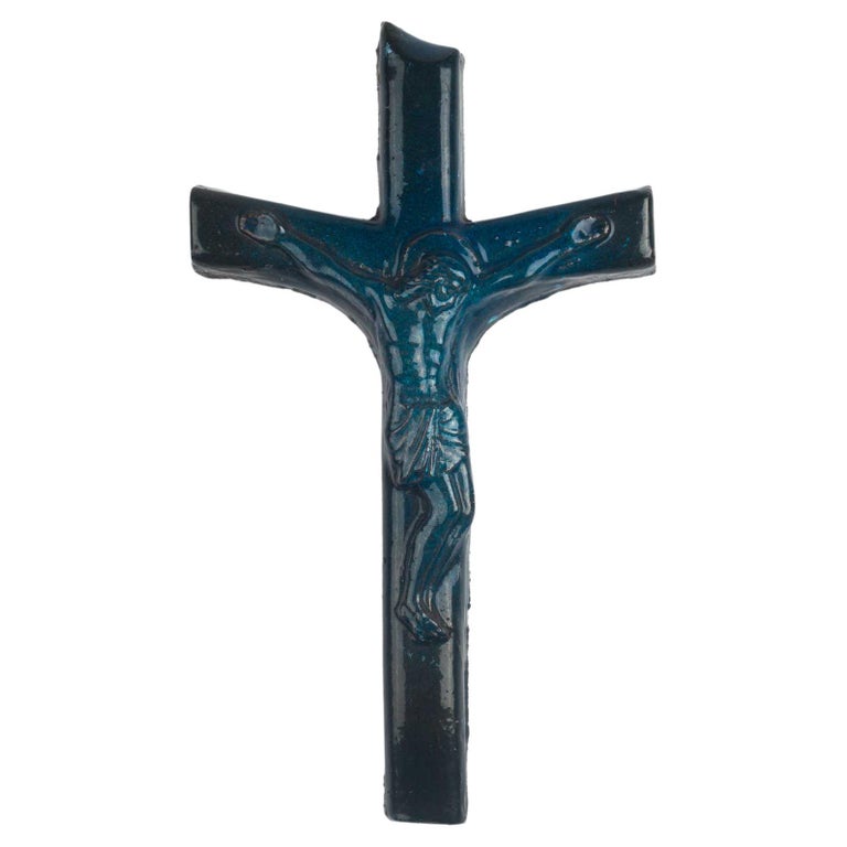 European Ceramic Crucifix, Blue, 1980s at 1stDibs