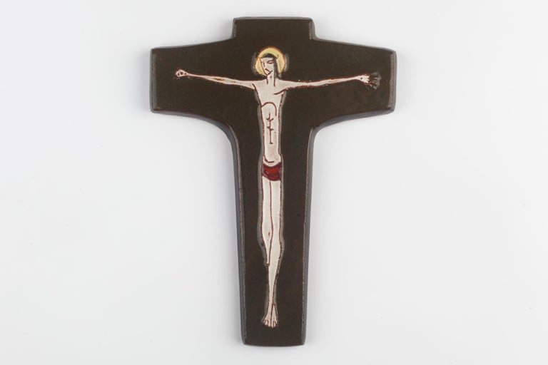 European Ceramic Crucifix, Brown, Red, Yellow, 1950s at 1stDibs