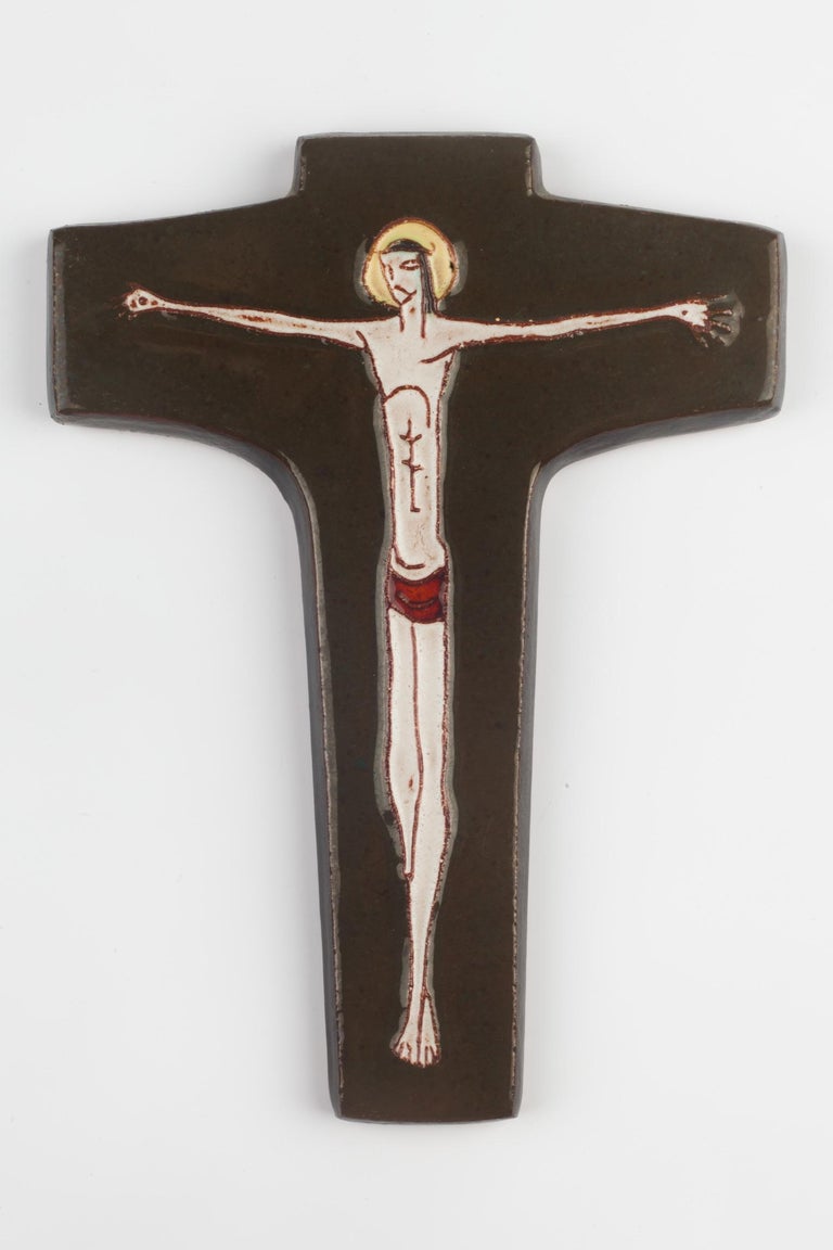 European Ceramic Crucifix, Brown, Red, Yellow, 1950s at 1stDibs