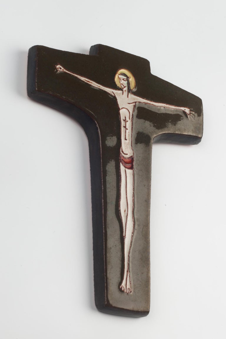 European Ceramic Crucifix, Brown, Red, Yellow, 1950s at 1stDibs