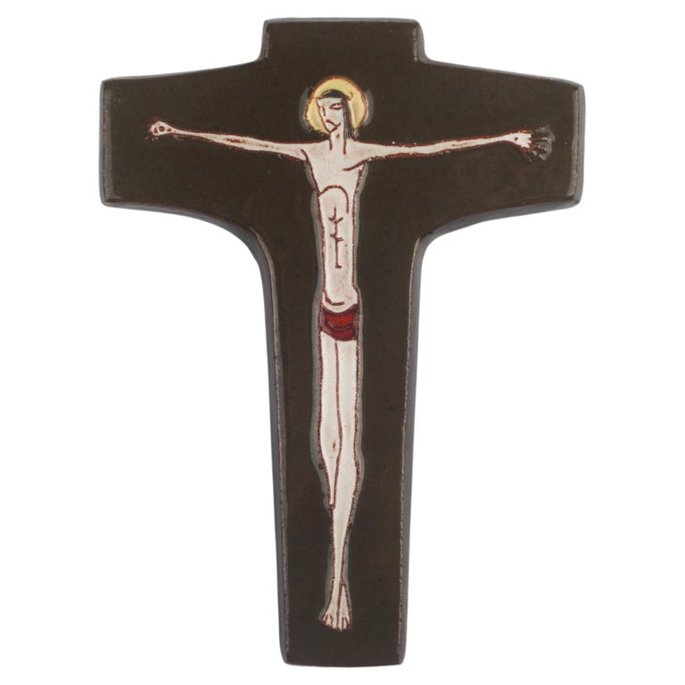 European Ceramic Crucifix, Brown, Red, Yellow, 1950s at 1stDibs