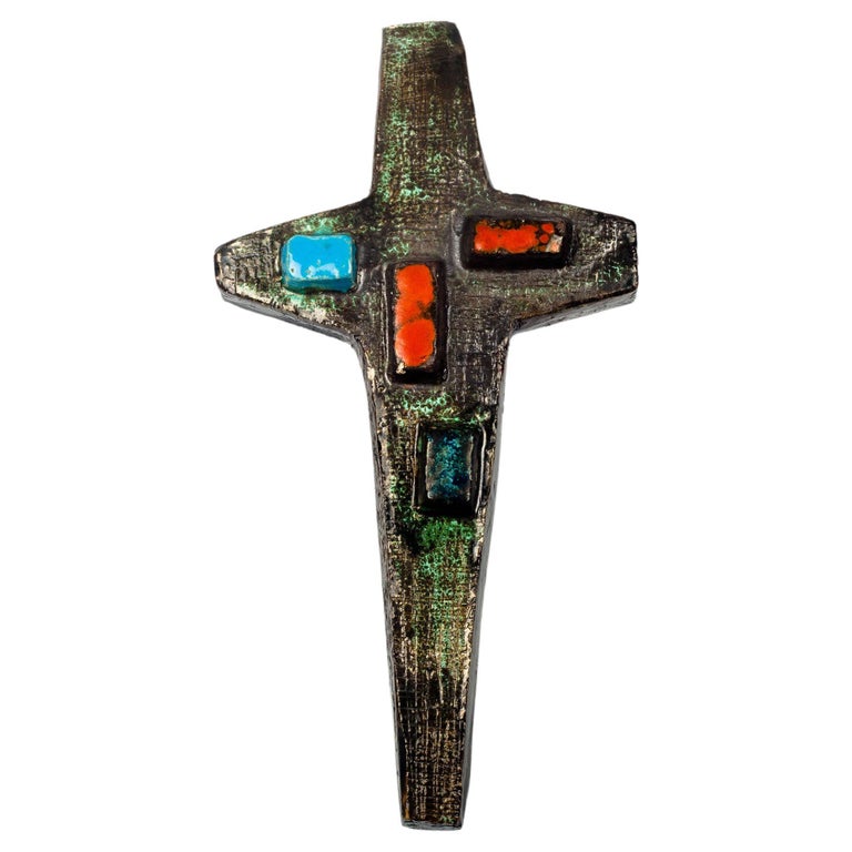 European Ceramic Crucifix, Green, Brown, Red, 1950s For Sale at 1stDibs