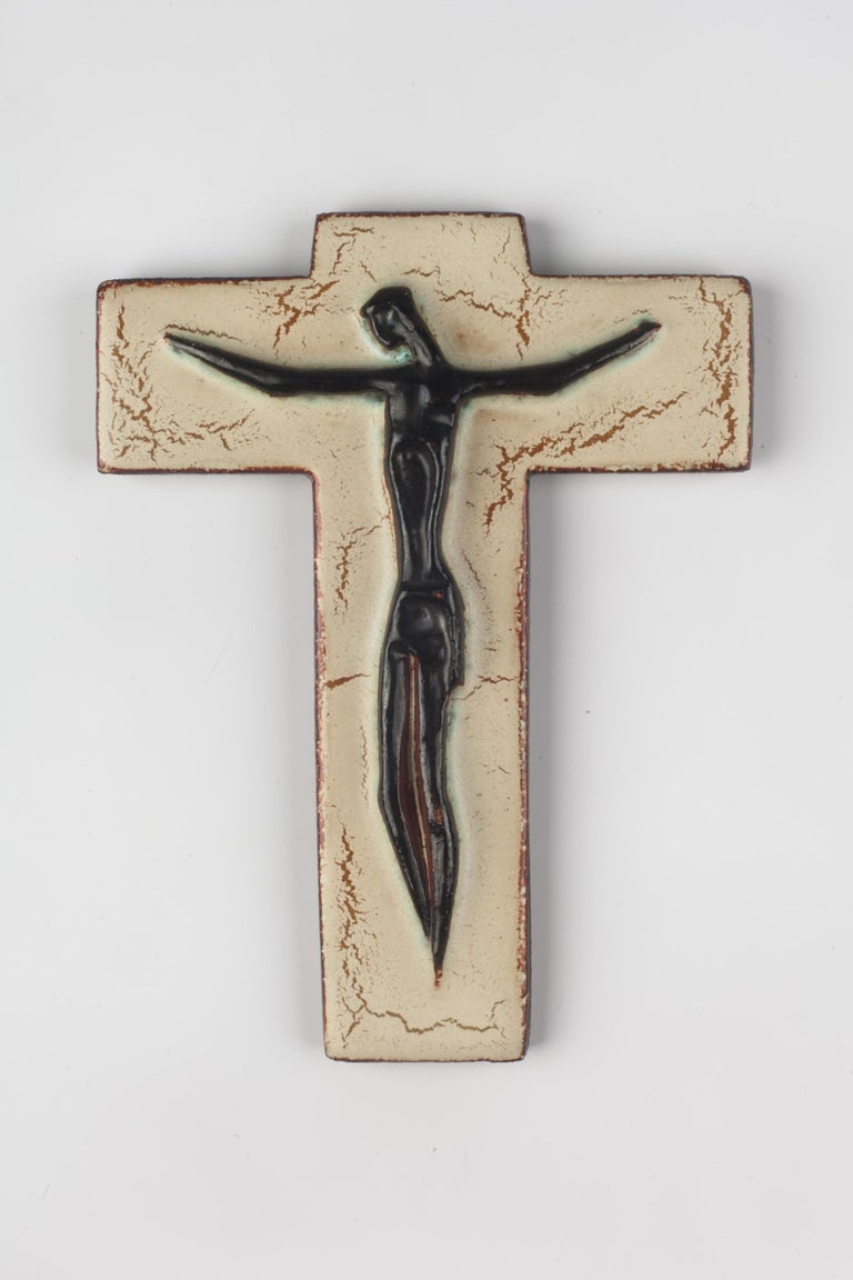 European Ceramic Crucifix in Black, Brown, Beige, 1960s at 1stDibs