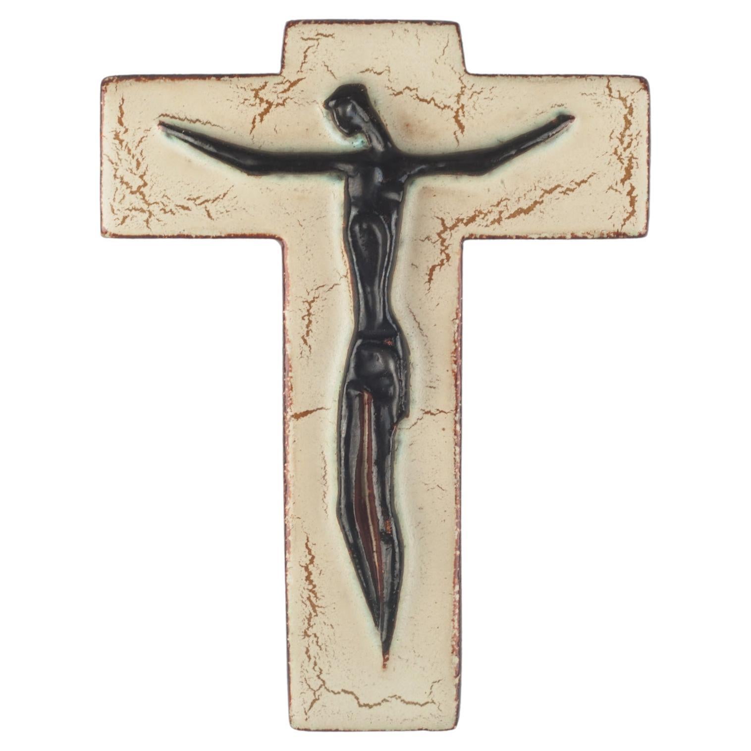 European Ceramic Crucifix in Black, Brown, Beige, 1960s at 1stDibs